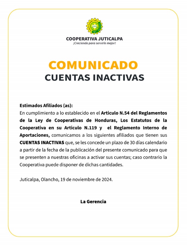 Comunicado Cuentas Inactivas 2024 – Cooperativa Juticalpa